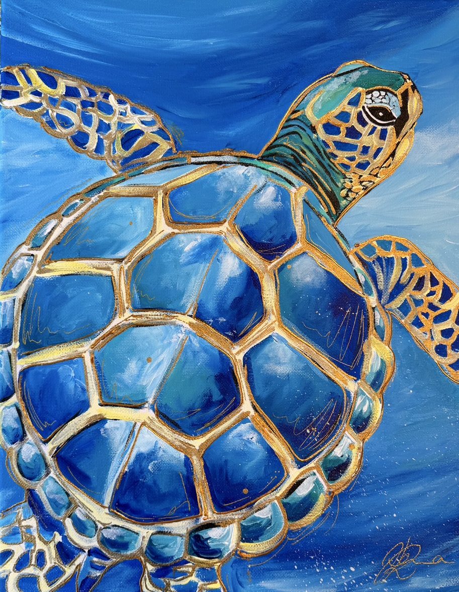 ゴールドのラインで描海亀 Sea Turtle Gold accents – Artbar Tokyo – Paint and Wine ...